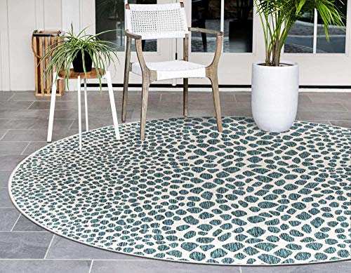 Unique Loom Jill Zarin Outdoor Collection Animal Print Area Rug (4' 0 x 4' 0 Round, Teal)