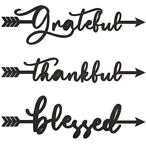 3 Pcs Thankful Grateful Blessed Cutout Sculptures Arrow Signs Rustic Wall Art Ornaments Blessed Thankful Grateful Word Signs Wood Decorative Accent Decors for Farmhouse Kitchen Living Room (Black)