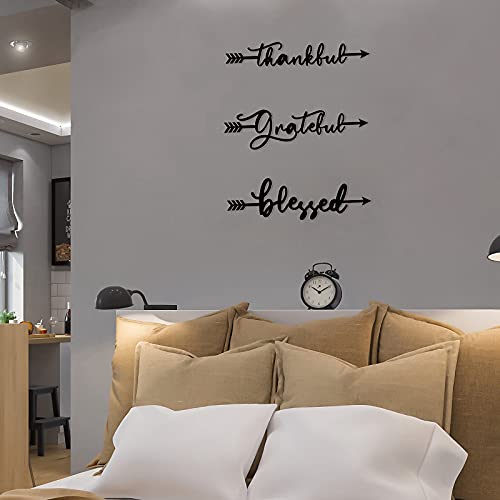 3 Pcs Thankful Grateful Blessed Cutout Sculptures Arrow Signs Rustic Wall Art Ornaments Blessed Thankful Grateful Word Signs Wood Decorative Accent Decors for Farmhouse Kitchen Living Room (Black)