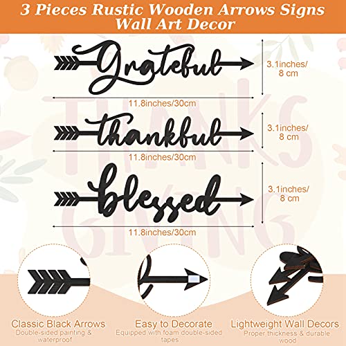 3 Pcs Thankful Grateful Blessed Cutout Sculptures Arrow Signs Rustic Wall Art Ornaments Blessed Thankful Grateful Word Signs Wood Decorative Accent Decors for Farmhouse Kitchen Living Room (Black)