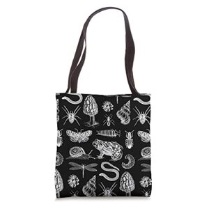 frog mushroom snail moth insect vintage biology goblincore tote bag