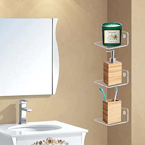 Bigfety Acrylic Small Adhesive Wall Shelves, 3-Ledges, Clear Mini Floating Shelf Flexible Use for Wall Space