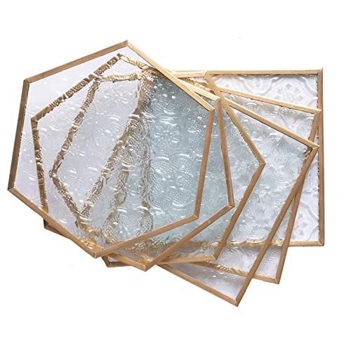 Glass Gold Coasters for Drinks, 6 Pcs Cup Coaster Set with Carved Glass Stylish for Coffee Tea Wine Coasters for Bar with Brass Edge Hexagon and Square Coasters Home Decor