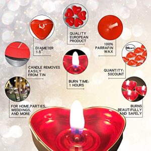 50Packs Heart Shaped Tealight Candles,Romantic Love Unscented Tea Lights Candles,Dripless & Long Lasting Smokeless Mini Tealight Candles for Mood,Romantic Decor,Pool,Dinners,Home,Wedding,Crafts(Red)