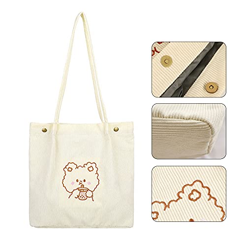 Corduroy Totes Bag Women Girls Corduroy Shoulder Bag Cute Cartoon Embroidery Casual Shoulder Tote