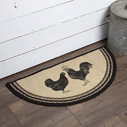 VHC Brands Sawyer Mill Small Jute Half Circle Area Rug Farmhouse Poultry Design, Entryway Kitchen Doormat Non Skid Pad 16.5x33