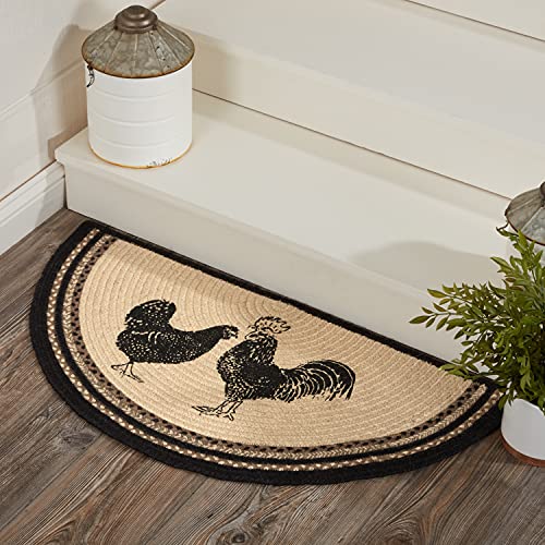 VHC Brands Sawyer Mill Small Jute Half Circle Area Rug Farmhouse Poultry Design, Entryway Kitchen Doormat Non Skid Pad 16.5x33