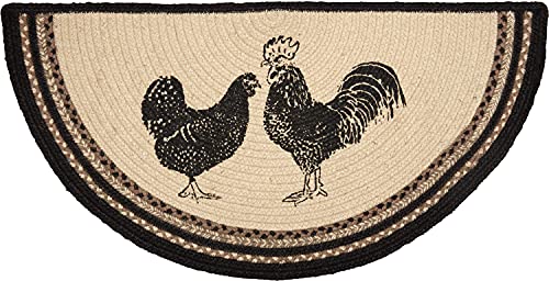 VHC Brands Sawyer Mill Small Jute Half Circle Area Rug Farmhouse Poultry Design, Entryway Kitchen Doormat Non Skid Pad 16.5x33