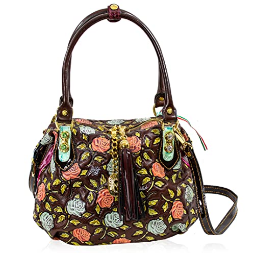 Marino Orlandi Medium Handpainted Roses Purse Chocolate Genuine Leather Tote Crossbody Bag With Italian Designer Handbag