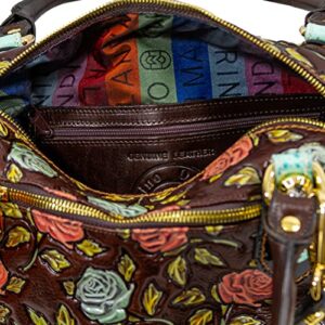 Marino Orlandi Medium Handpainted Roses Purse Chocolate Genuine Leather Tote Crossbody Bag With Italian Designer Handbag