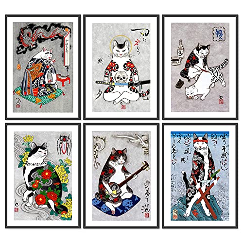 DALIHEBO Japanese Art Tattoo Cat Painting Wall Retro Art Poster Set of 6 Prints UNFRAMED (8x11.8 inch)