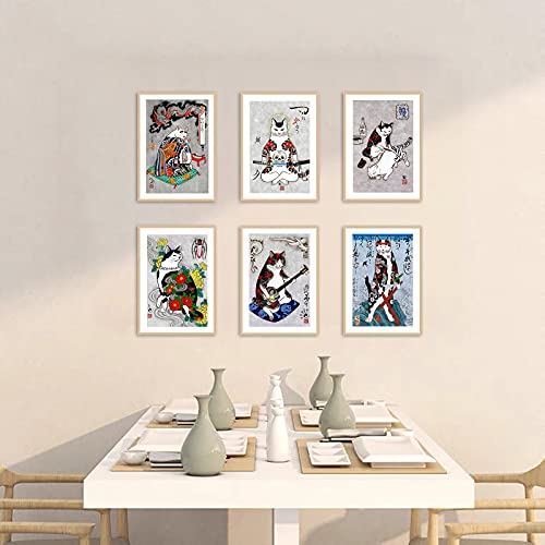 DALIHEBO Japanese Art Tattoo Cat Painting Wall Retro Art Poster Set of 6 Prints UNFRAMED (8x11.8 inch)