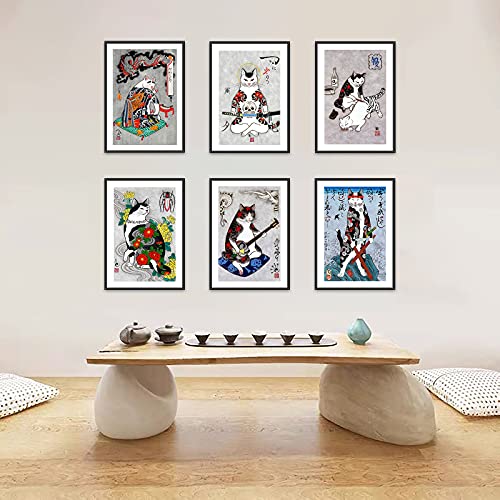 DALIHEBO Japanese Art Tattoo Cat Painting Wall Retro Art Poster Set of 6 Prints UNFRAMED (8x11.8 inch)