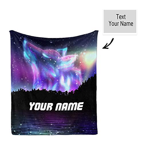 CUXWEOT Custom Throw Blanket with Your Name Text,Personalized Galaxy Wolf Fantasy Super Soft Fleece Blanket for Couch Sofa Bed (50 X 60 inches)