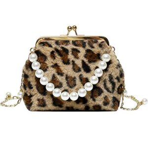 pracmanu winter women leopard plush bag with detachable metal & beaded chains girls clutch handbag purse female shoulder crossbody bag