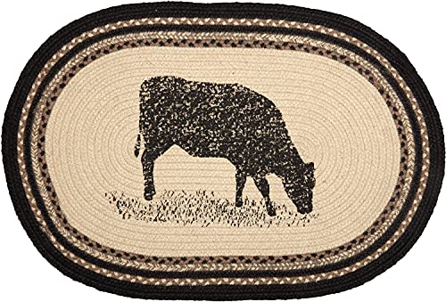 VHC Brands Sawyer Mill Charcoal Jute Rug Farmhouse Style Rustic Black Cow Animal Design Area Rug Entry Living Room Kitchen Floor Cover Oval Rug w/Pad 20x30