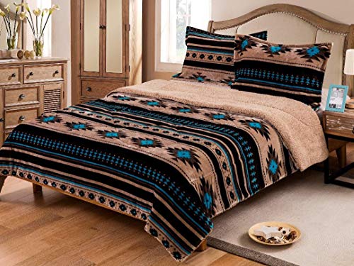 Linen Mart Southwest Aztec Sherpa Borrego Fleece Blanket - 3 Piece Set (Tan) (Queen)