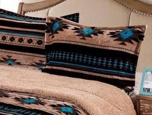 Linen Mart Southwest Aztec Sherpa Borrego Fleece Blanket - 3 Piece Set (Tan) (Queen)