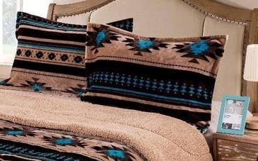 Linen Mart Southwest Aztec Sherpa Borrego Fleece Blanket - 3 Piece Set (Tan) (Queen)