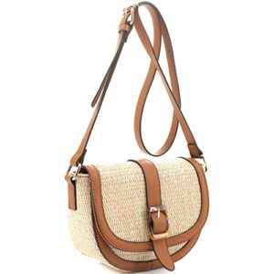 trendeology womens classy straw rattan vegan leather flap saddle satchel flap crossbody purse bag (small saddle flap crossbody – brown)