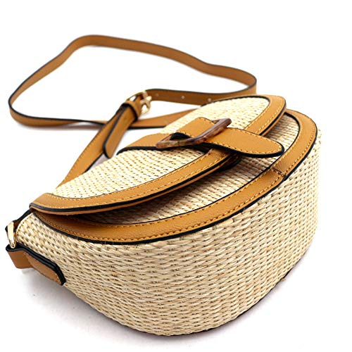 Trendeology Womens Classy Straw Rattan Vegan Leather Flap Saddle Satchel Flap Crossbody Purse Bag (Small Saddle Flap Crossbody - Brown)