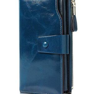 Demon&Hunter Women's RFID Blocking Large Capacity Luxury Wax Genuine Leather Purse Wallet Sapphire Blue DZA2083U