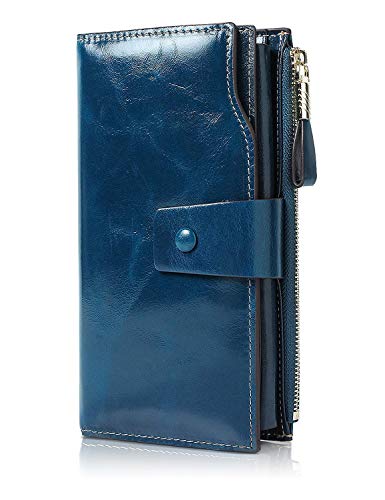 Demon&Hunter Women's RFID Blocking Large Capacity Luxury Wax Genuine Leather Purse Wallet Sapphire Blue DZA2083U