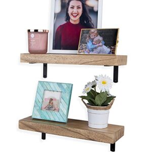 wallniture palma wood floating shelves for wall, wall shelves for living room decor, organization and storage set of 2 natural burned