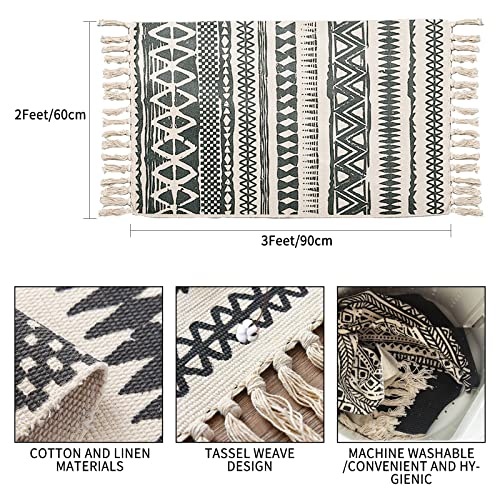 MufHomse Bathroom Doormat 2'x3' Woven Small Area Rug Bohemian Door mat Cotton Modern Floor Mat with Tassel Bathroom Bedroom Outdoor Kitchen Washable Rug