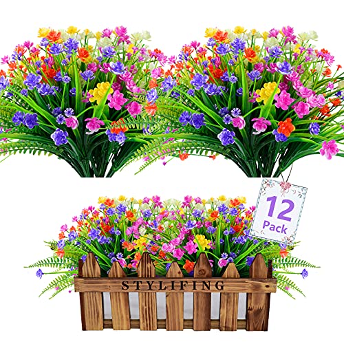 STYLIFING 12 Bundles Artificial Fake Flowers for Outdoor Decoration, UV Resistant Shrubs Plants, Fade Resistant Flowers Faux Plastic Greenery for Indoor Hanging Plants Garden Porch Window Box Wedding