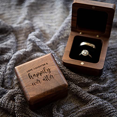 MUUJEE Love, Laughter & Happily Ever After Double Ring Box - Engraved Wooden Ring Case Box for Wedding Ceremony Engagement Proposal Ring Bearer Box - Anniversary Birthday Gift Ideas