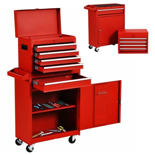 ERGOMASTER 5-Drawers Rolling Tool Chest Cabinet High Capacity Tool Storage Cabinet with Wheels and Locking System, Removable Toolbox Organizer with Sliding Drawers (Standard 5 Drawers，Red)