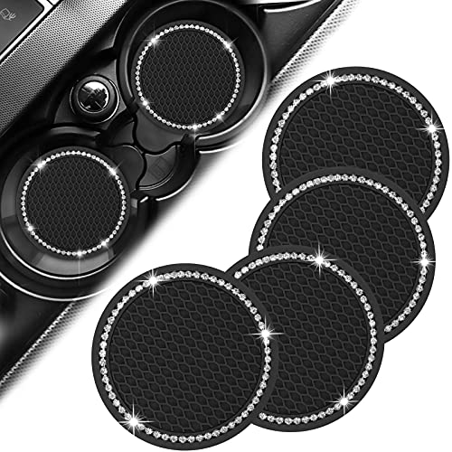 TOOVREN Car Coasters for Cup Holders 4PCS Bling Car Accessories Coasters for Drinks Absorbent Coffee Table Cup Mat Drinking Coaster Silicone Drink Coasters with Holder Home Decor 2.75 Inch Black