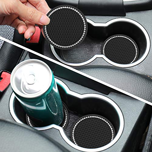 TOOVREN Car Coasters for Cup Holders 4PCS Bling Car Accessories Coasters for Drinks Absorbent Coffee Table Cup Mat Drinking Coaster Silicone Drink Coasters with Holder Home Decor 2.75 Inch Black