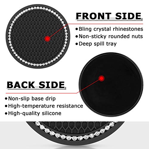 TOOVREN Car Coasters for Cup Holders 4PCS Bling Car Accessories Coasters for Drinks Absorbent Coffee Table Cup Mat Drinking Coaster Silicone Drink Coasters with Holder Home Decor 2.75 Inch Black