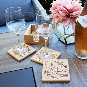 Personalized Coasters for Drinks, Set of 4, Laser Engraved Wedding Wooden Coaster w Holder | 14 Customizable Designs | - House Warming Presents for New Home, Custom Bamboo Coasters for Couples