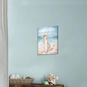 Abstract Beach Artwork Ocean Picture: Modern Women & Umbrella Sea Print Coastal Wall Art on Canvas for Bedroom (16” x 12” x1 Panel)