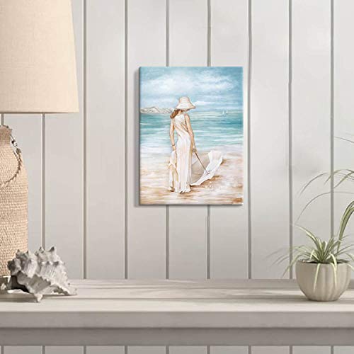 Abstract Beach Artwork Ocean Picture: Modern Women & Umbrella Sea Print Coastal Wall Art on Canvas for Bedroom (16” x 12” x1 Panel)