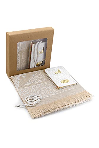 ihvan online Taffeta Fabric Muslim Prayer Rug & Velvet Covered Yaseen Surah Bag-Size Book & Crystal Prayer Beads Set with Kraft Boxed, Perfect Islamic Ramadan Eid Gifts, Cream