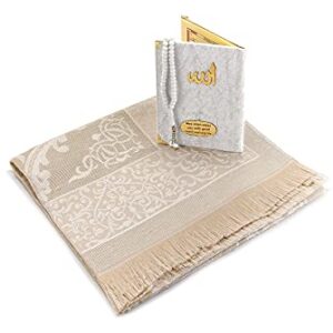 ihvan online Taffeta Fabric Muslim Prayer Rug & Velvet Covered Yaseen Surah Bag-Size Book & Crystal Prayer Beads Set with Kraft Boxed, Perfect Islamic Ramadan Eid Gifts, Cream