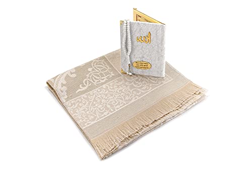 ihvan online Taffeta Fabric Muslim Prayer Rug & Velvet Covered Yaseen Surah Bag-Size Book & Crystal Prayer Beads Set with Kraft Boxed, Perfect Islamic Ramadan Eid Gifts, Cream