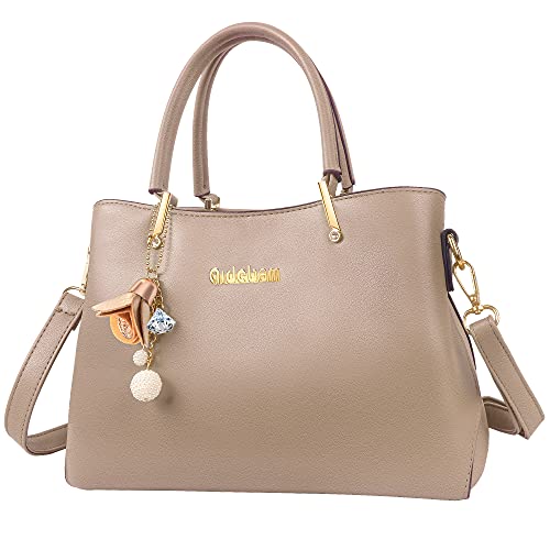 Satchel Purses and Handbags for Women, 3 Compartment Hand Bags with Charms, Pu Leather Ladies pocketbooks for women, Khaki