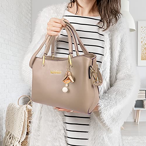 Satchel Purses and Handbags for Women, 3 Compartment Hand Bags with Charms, Pu Leather Ladies pocketbooks for women, Khaki