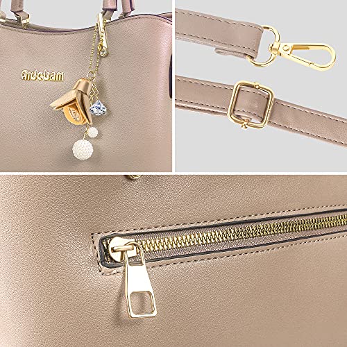 Satchel Purses and Handbags for Women, 3 Compartment Hand Bags with Charms, Pu Leather Ladies pocketbooks for women, Khaki