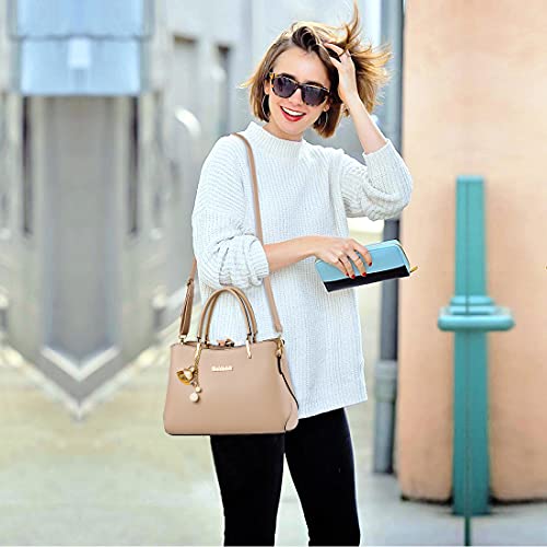 Satchel Purses and Handbags for Women, 3 Compartment Hand Bags with Charms, Pu Leather Ladies pocketbooks for women, Khaki