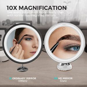 Updated 10x Magnifying Lighted Makeup Mirror with Touch Control LED Lights, 360 Degree Rotating Arm, and Powerful Locking Suction Cup, Portable Magnifying Mirror for Home, Bathroom Vanity, and Travel