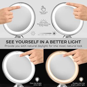 Updated 10x Magnifying Lighted Makeup Mirror with Touch Control LED Lights, 360 Degree Rotating Arm, and Powerful Locking Suction Cup, Portable Magnifying Mirror for Home, Bathroom Vanity, and Travel