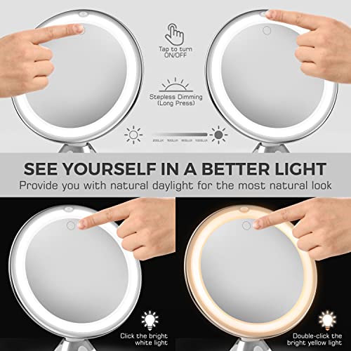 Updated 10x Magnifying Lighted Makeup Mirror with Touch Control LED Lights, 360 Degree Rotating Arm, and Powerful Locking Suction Cup, Portable Magnifying Mirror for Home, Bathroom Vanity, and Travel