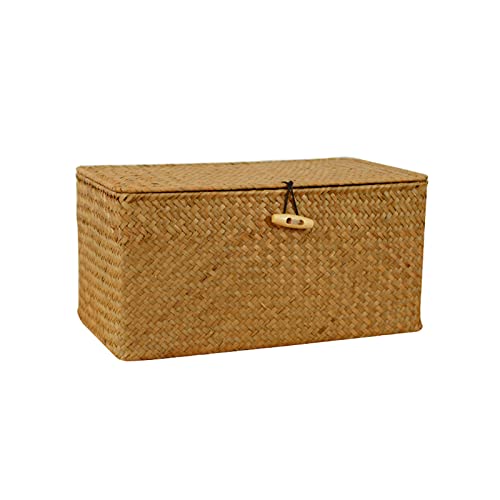 YIFANZHIBIAN Multifunction Seagrass Basket, Woven Storage Baskets, Handwoven Rectangular Straw Basket, Stackable and Hyacinth Basket with Lid for Home Organization (Large, Caramel Color)