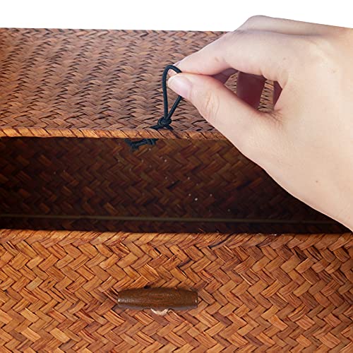 YIFANZHIBIAN Multifunction Seagrass Basket, Woven Storage Baskets, Handwoven Rectangular Straw Basket, Stackable and Hyacinth Basket with Lid for Home Organization (Large, Caramel Color)